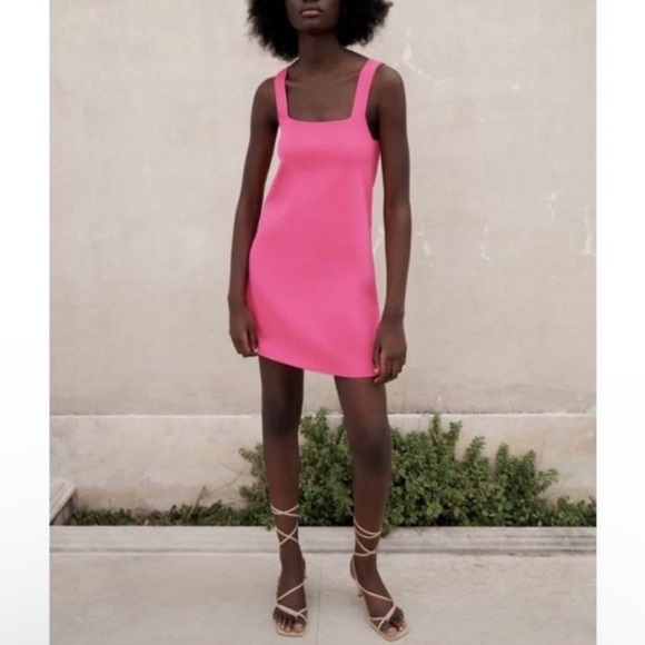 Zara | Dresses | Zara Hot Pink Barbie Square Neck Mini Dress | Poshmark